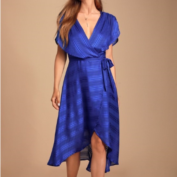 Lulus | Dresses | Lenita Royal Blue Stripe Satin Highlow Midi Dress ...